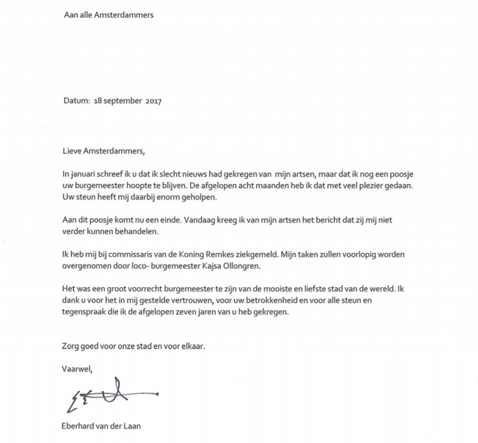 Van der Laan schrijft afscheidsbrief aan Amsterdammers: Vaarwel ...
